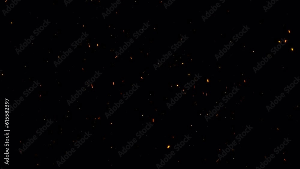 Loop glow orange red particles fire falling down on black background ...