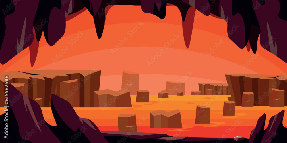 Vector illustration of a beautiful and bright cave landscape. Cartoon ...