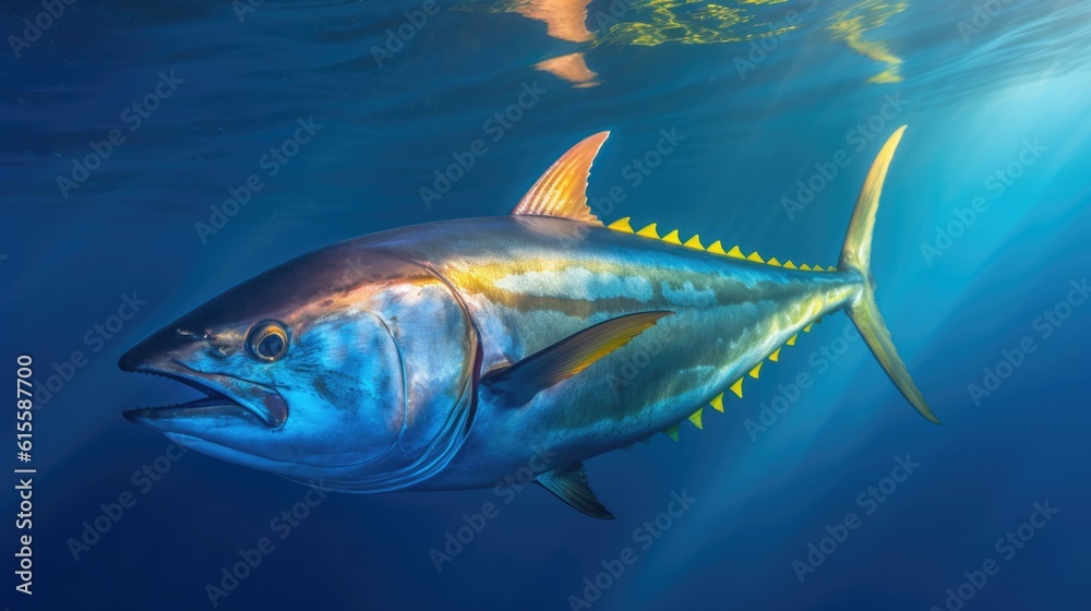 Yellowfin Tuna Fish Swimming Just Below the Surface of a Sun-Dappled ...