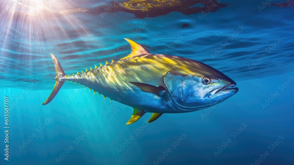 Yellowfin Tuna Fish Swimming Just Below the Surface of a Sun-Dappled ...