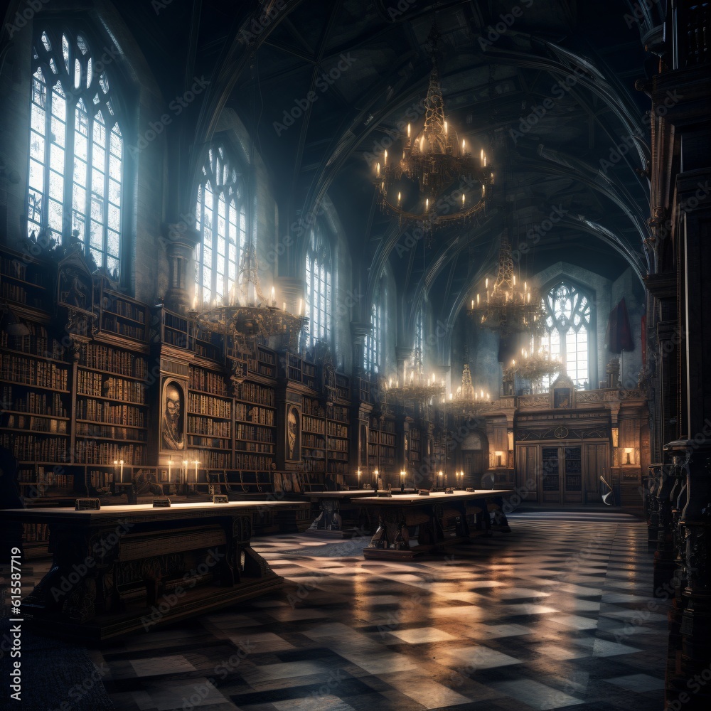 medieval library, gothic reading room interior with desks, old ...