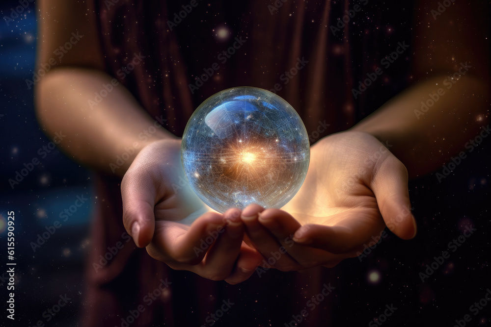 hands holding glowing sphere of light and space. Reading the future in ...