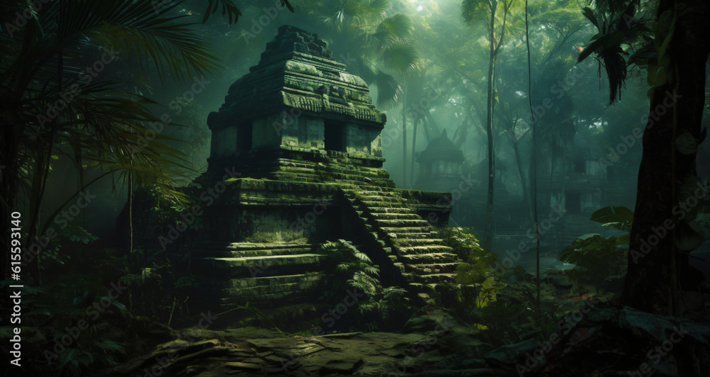 ancient and overgrown mayan temple ruins in the jungle, lost place in ...