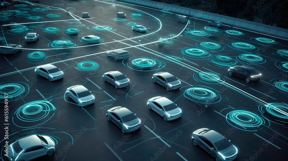 Self driving electric cars with radar waves avoiding other cars, road ...