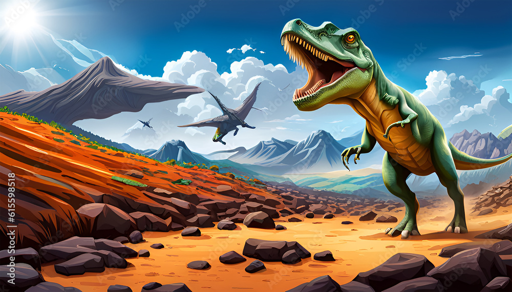 Tyrannosaurus rex t-rex dinosaur roaring in a prehistoric landscape ...