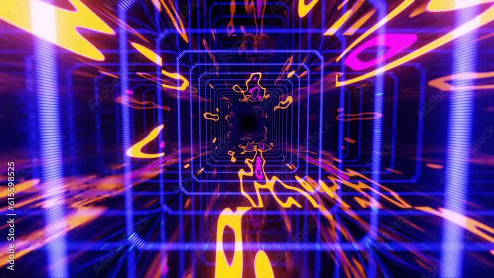 Hologram tunnel. Fly through mirror tunnel with neon pattern, glow lines form sci fi pattern ...