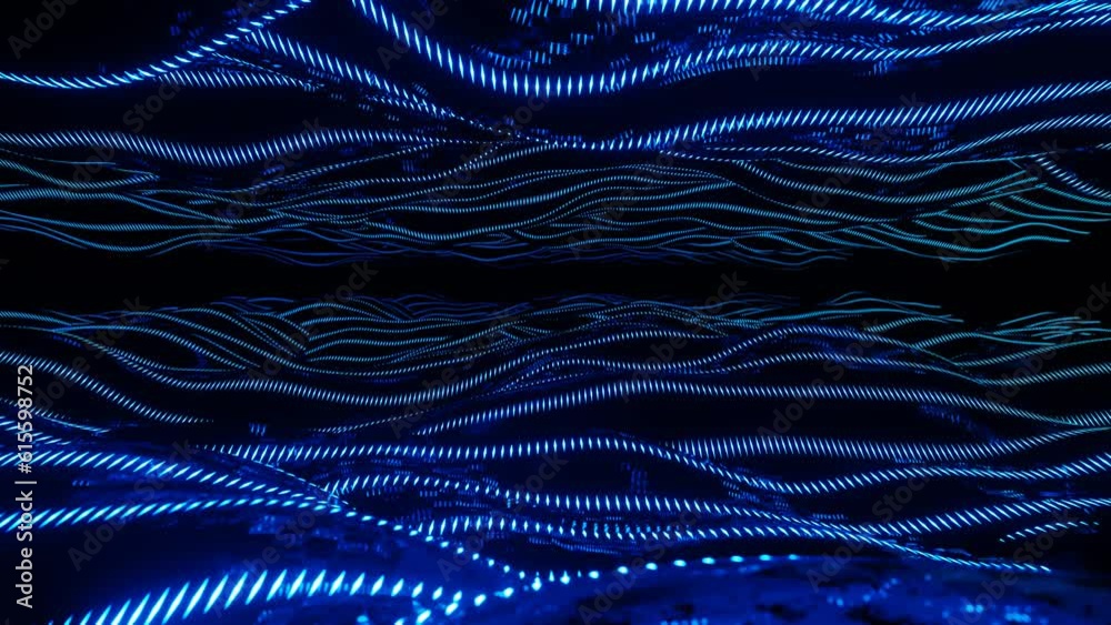 Warped surface with blue glow pattern. Fly through mirror tunnel with ...