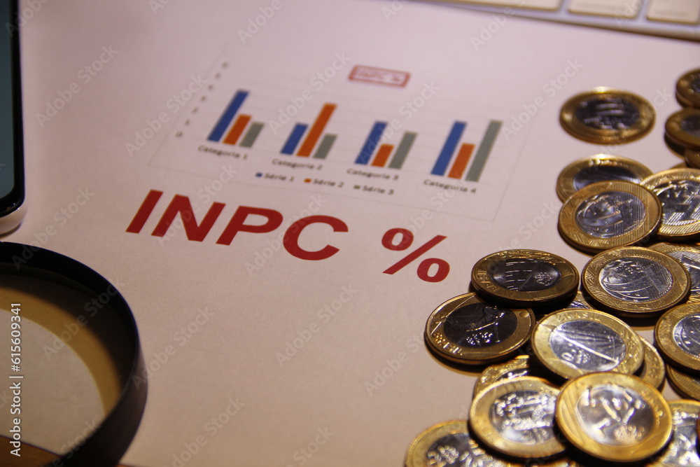 INPC - Gráfico representando evolução, lupa e algumas moedas de Real ...