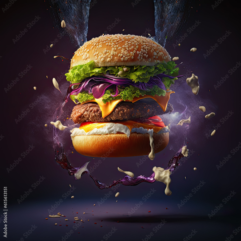 a burger flying through the air with splashing ingredients surrounding ...