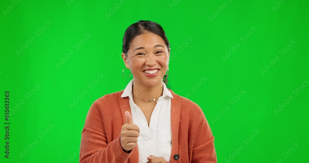 Asian woman, applause and thumbs up for good job on green screen in ...