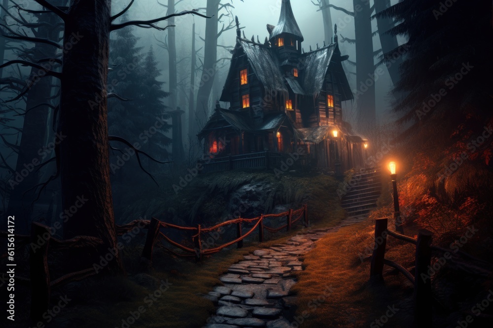 Rocky pathway leads to Halloween Horror house stands in depths of eerie ...