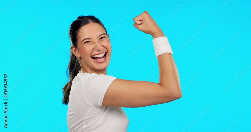 Woman, face and exercise for flexing, strong arms and muscle for smile ...