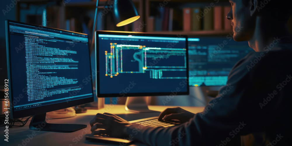 Programmer working on their professional development types on a laptop computer keyboard. Coding ...