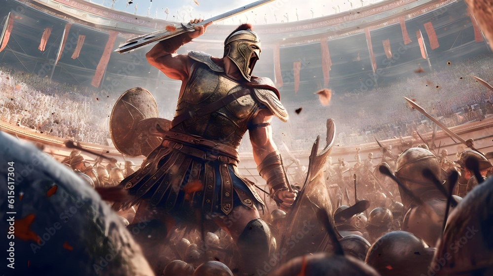 a fierce gladiator attacking. An armoured roman gladiator in combat ...