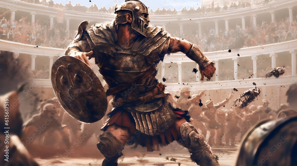 a fierce gladiator attacking. An armoured roman gladiator in combat ...