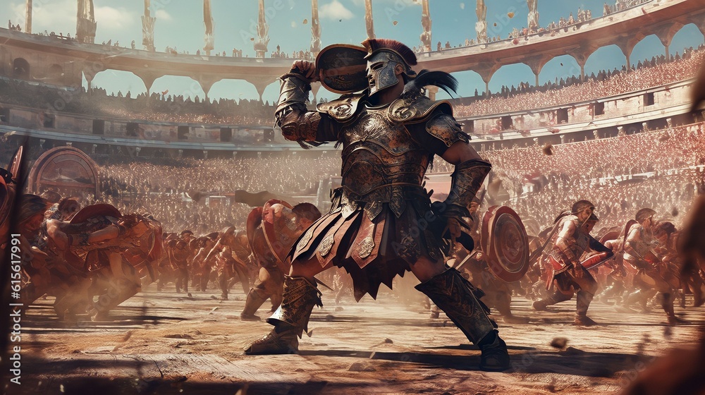 a fierce gladiator attacking. An armoured roman gladiator in combat ...