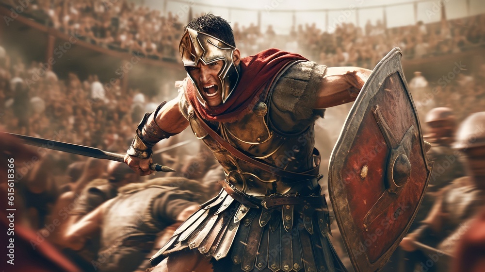 a fierce gladiator attacking. An armoured roman gladiator in combat ...