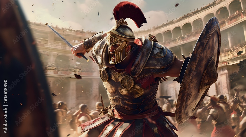 a fierce gladiator attacking. An armoured roman gladiator in combat ...