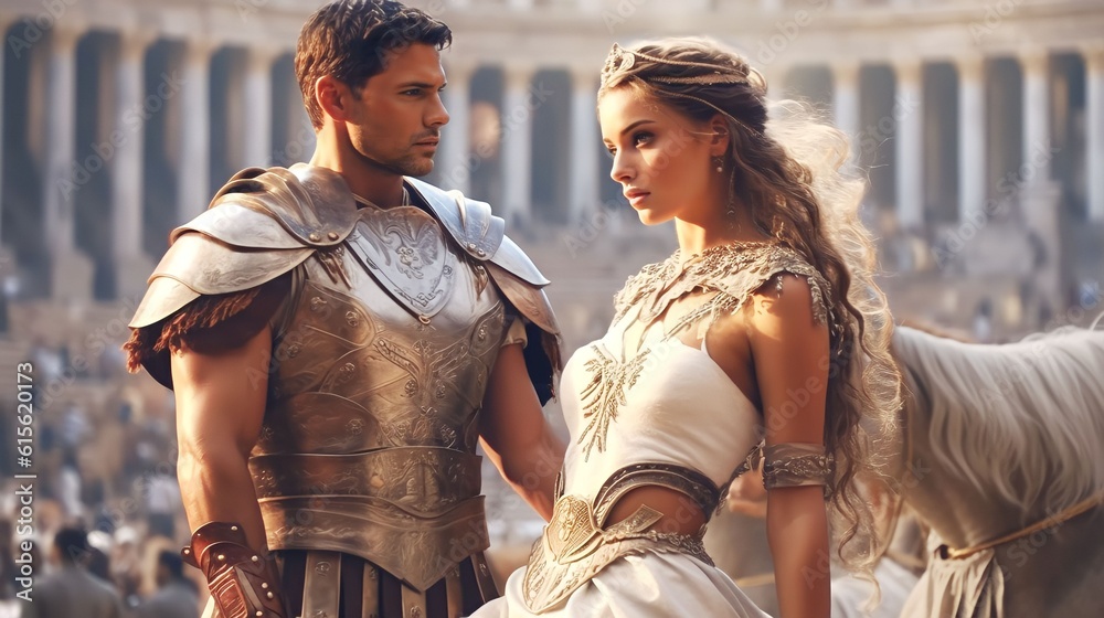 a gladiator in armored Roman gladiator with a very beautiful queen ...