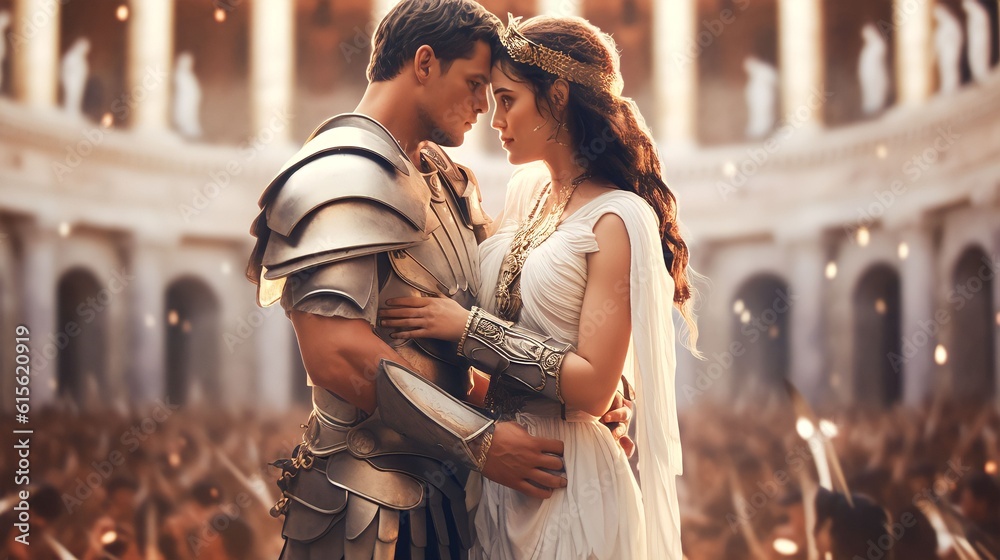 a gladiator in armored Roman gladiator with a very beautiful queen ...