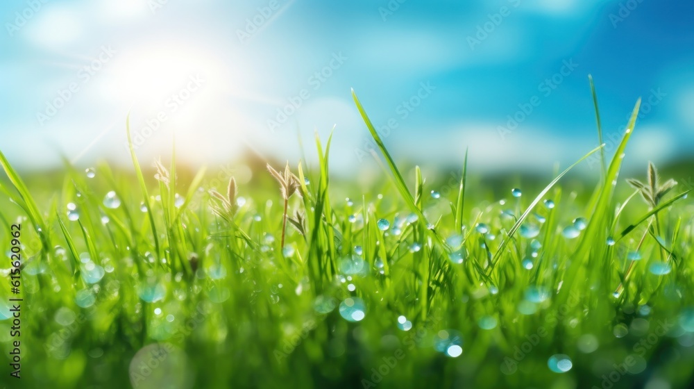 Beautiful fresh wet green grass against blue sky background. Spring ...