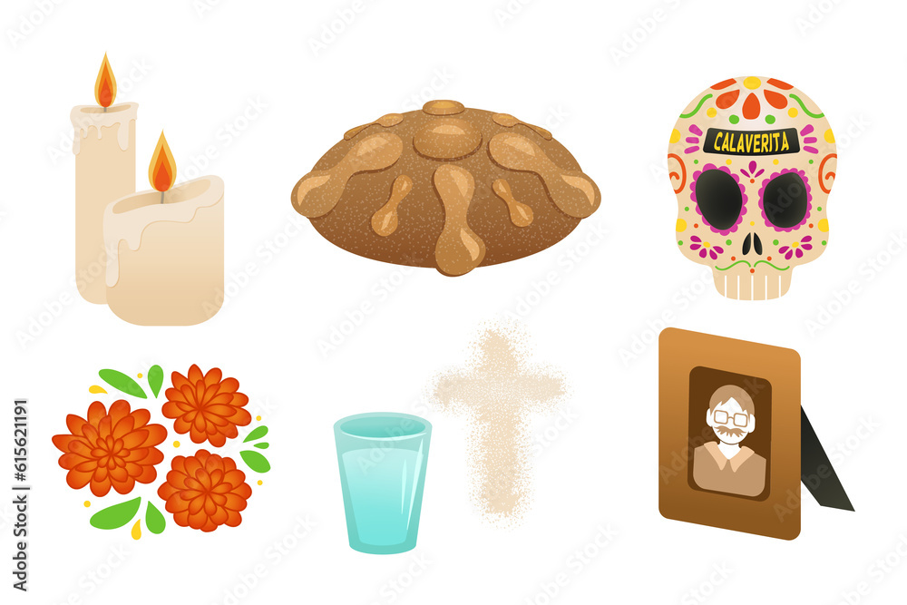 Elementos del altar de día de muertos con transparencia. Tradición de ...