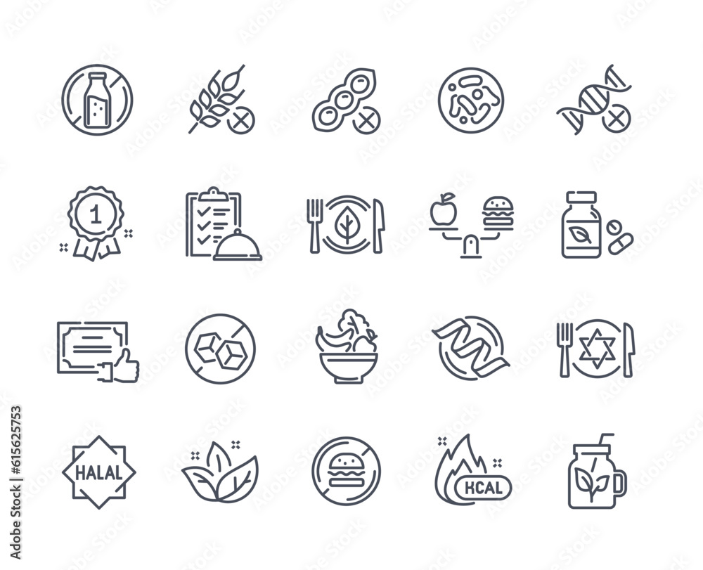 Set of Healthy Food icons in linear style. Gluten and Sugar Free, no ...