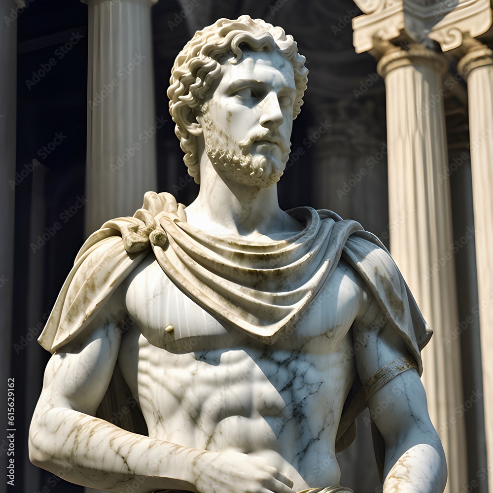 Image of a white marble statue bust of a roman soldier or the demigod ...