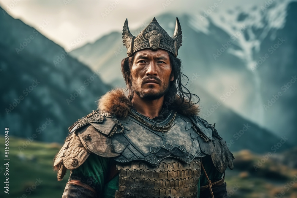 medieval asian man armed kazakh warrior in traditional historical armor ...