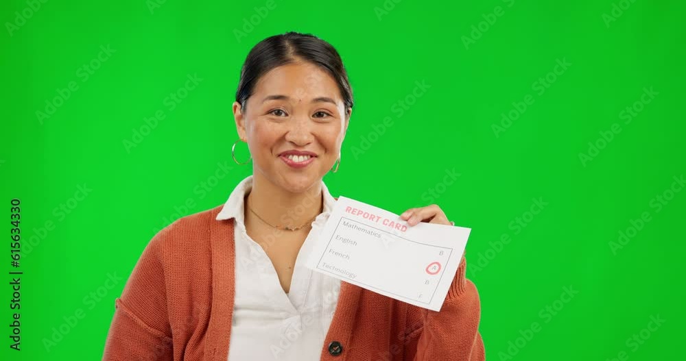 Report card, woman face and green screen presentation with thumbs up ...