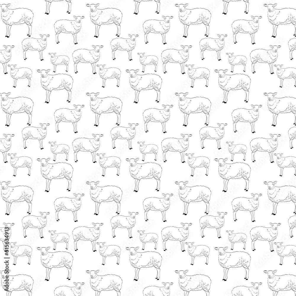 Seamless pattern of sheep drawing with simple lines, black and white background vector, sheep ...