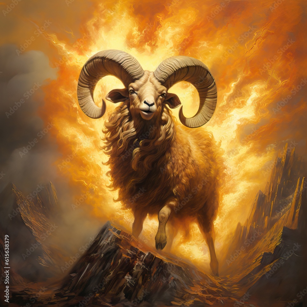 An illustration of a ram with curled horns against a fiery background ...