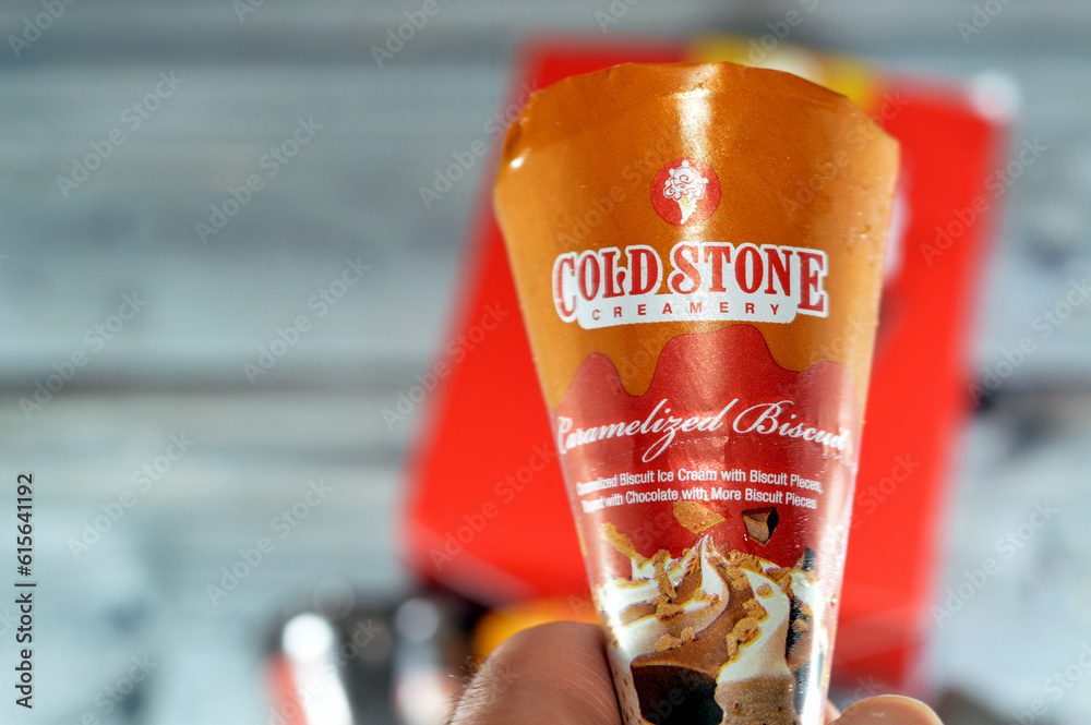 Cairo, Egypt, June 17 2023: Cold Stone creamery, Caramelized biscuit and cookies Ice cream of ...