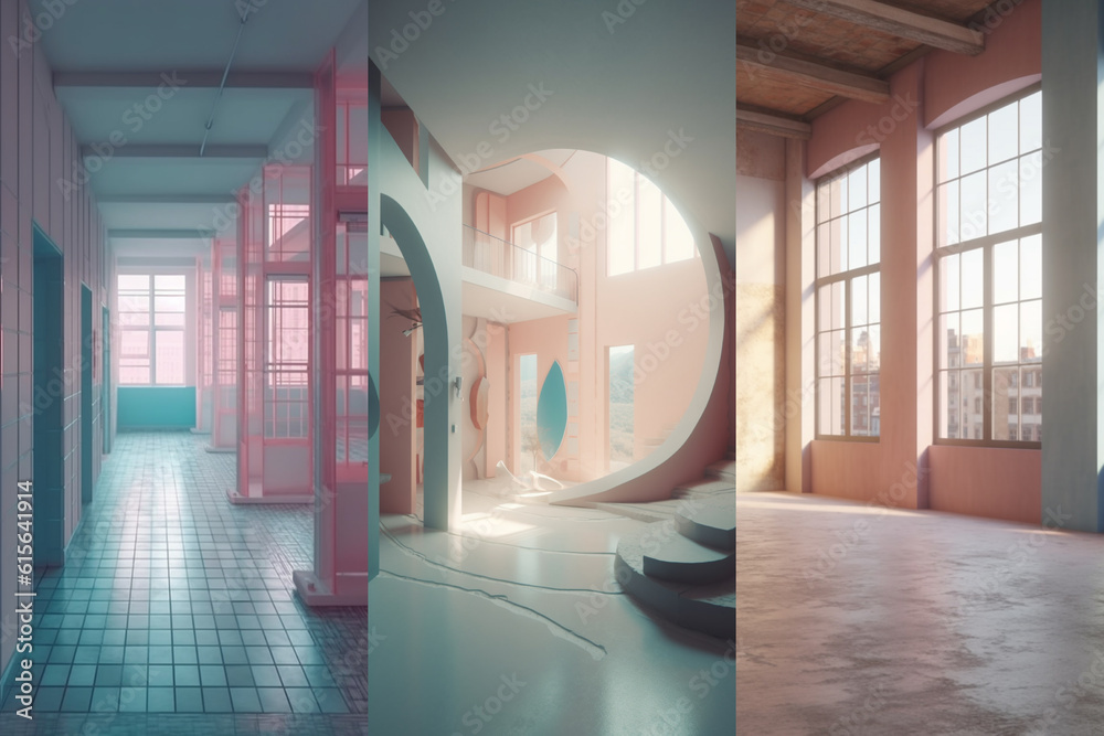 Colorful empty modern architecture interiors (liminal spaces) bundle of ...