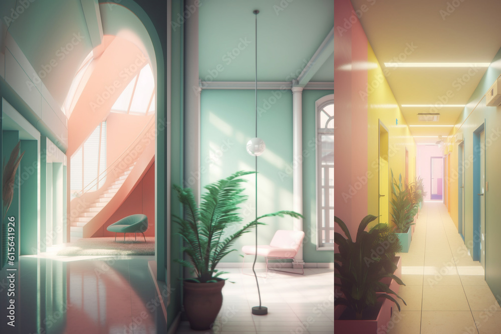 Colorful empty modern architecture interiors (liminal spaces) bundle of ...