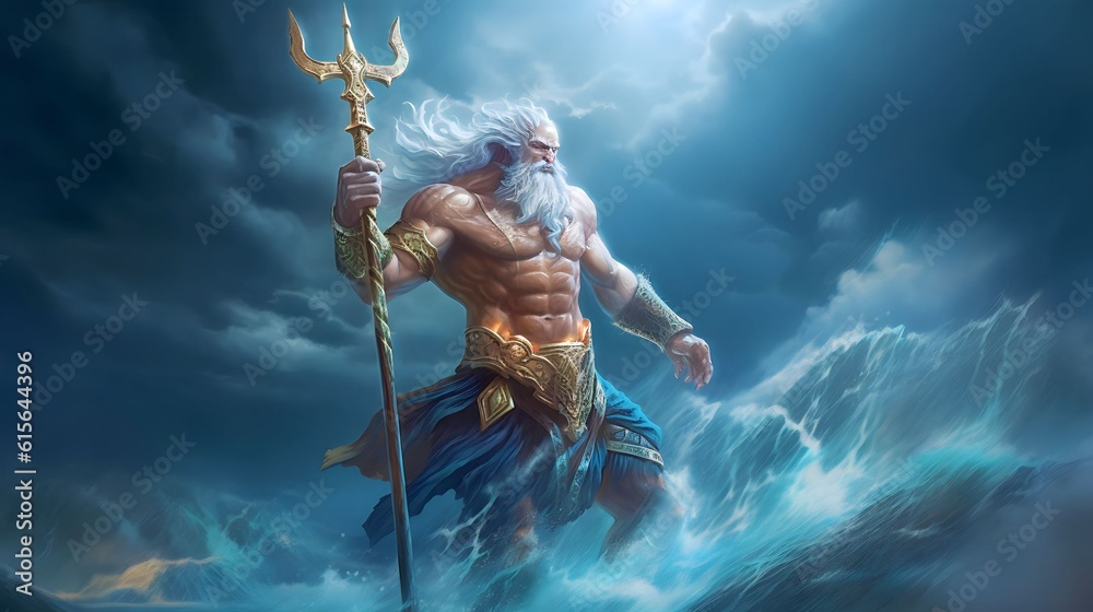 Giant poseidon coming out of the stormy sea. Greek mythological god ...