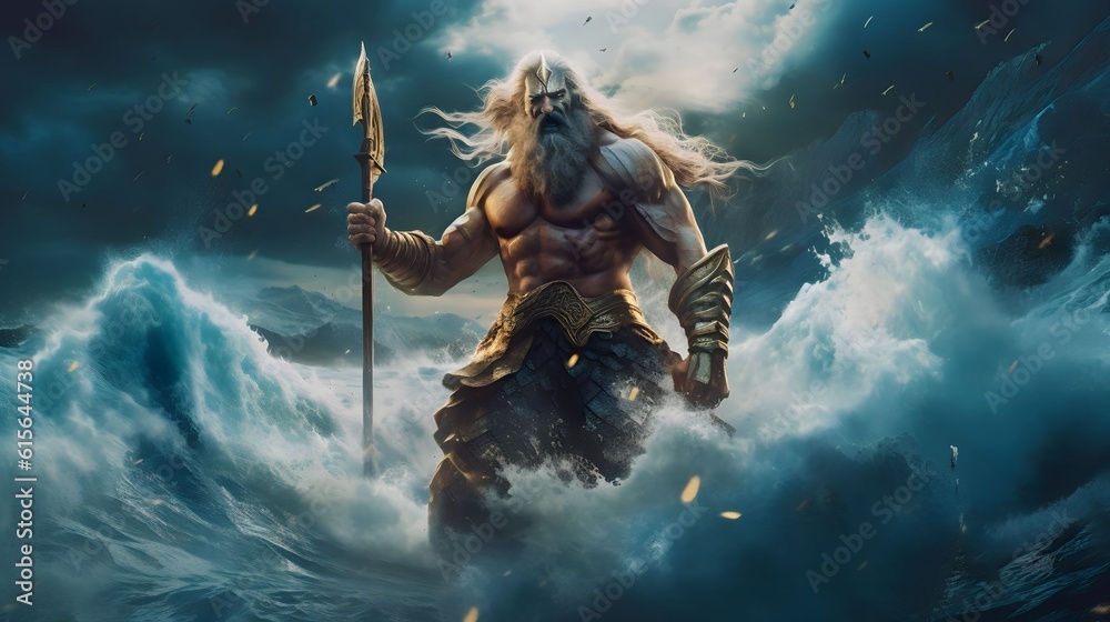 Giant poseidon coming out of the stormy sea. Greek mythological god ...