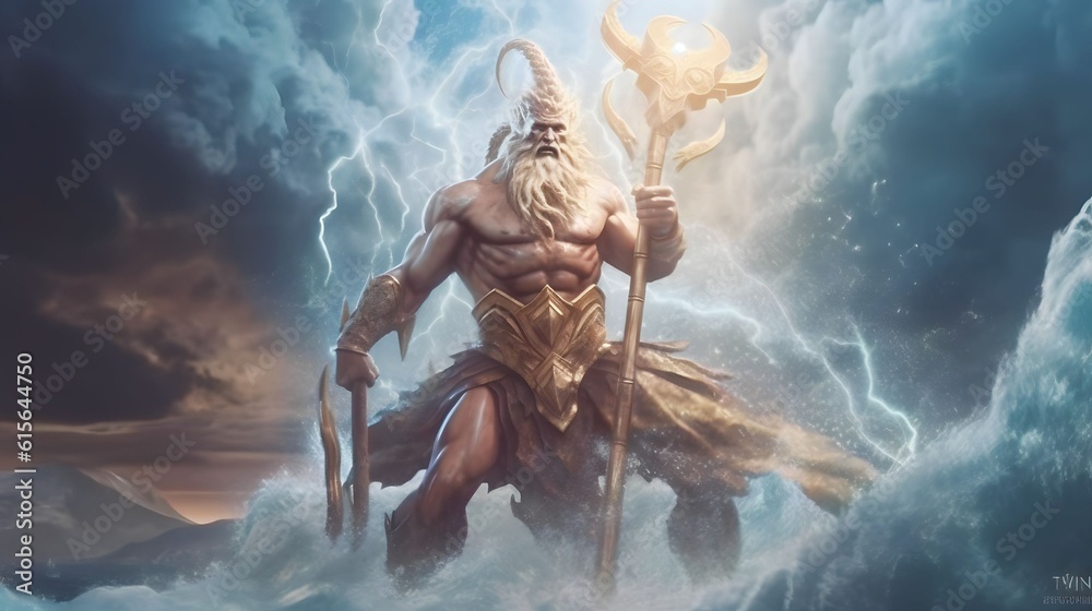 Giant poseidon coming out of the stormy sea. Greek mythological god ...