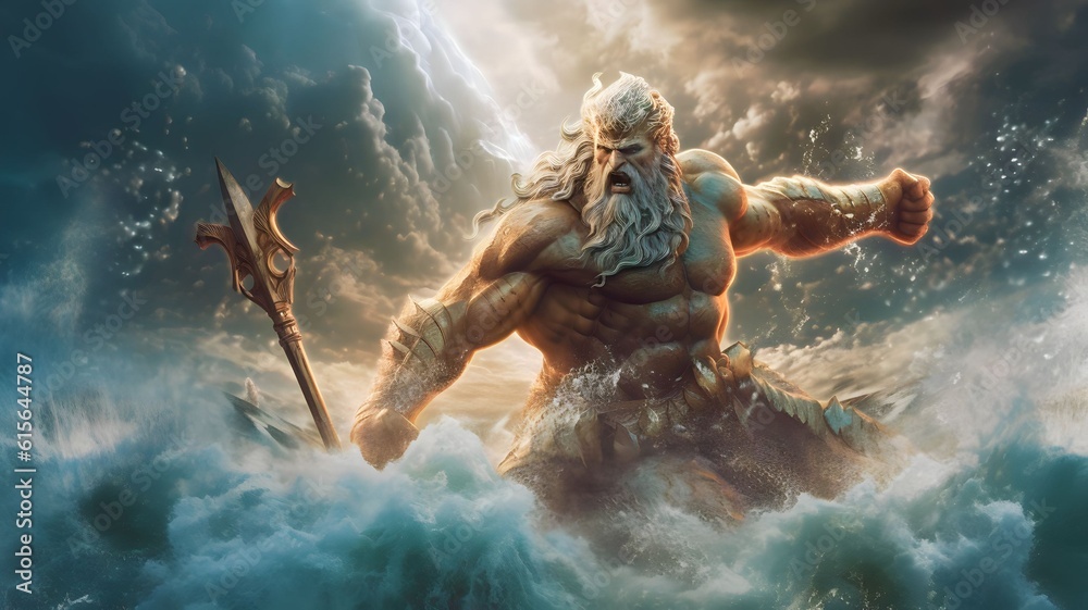 Giant poseidon coming out of the stormy sea. Greek mythological god ...