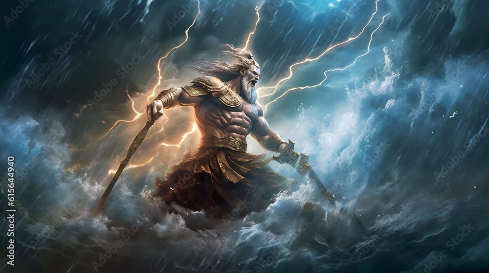 Giant Poseidon Coming Out Of The Stormy Sea Greek Mythological God Wearing Gold Bracelets