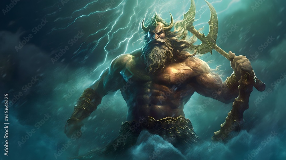Giant poseidon coming out of the stormy sea. Greek mythological god ...
