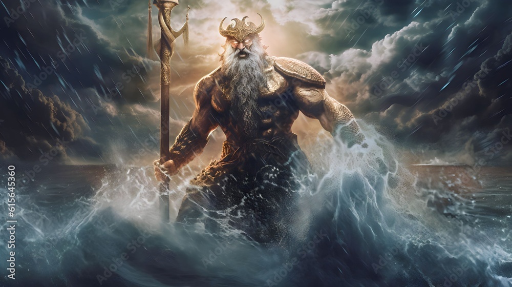 Giant poseidon coming out of the stormy sea. Greek mythological god ...