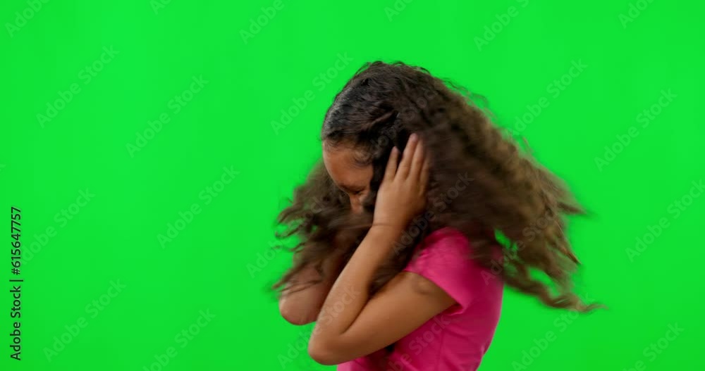 Noise, green screen and hands on ears of girl child in studio with ...