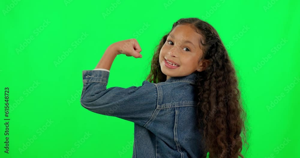 Strong, happy and a face of a girl on a green screen to show muscle ...
