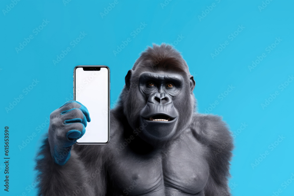 gorilla with smartphone on blue background, Generative AI Stock ...