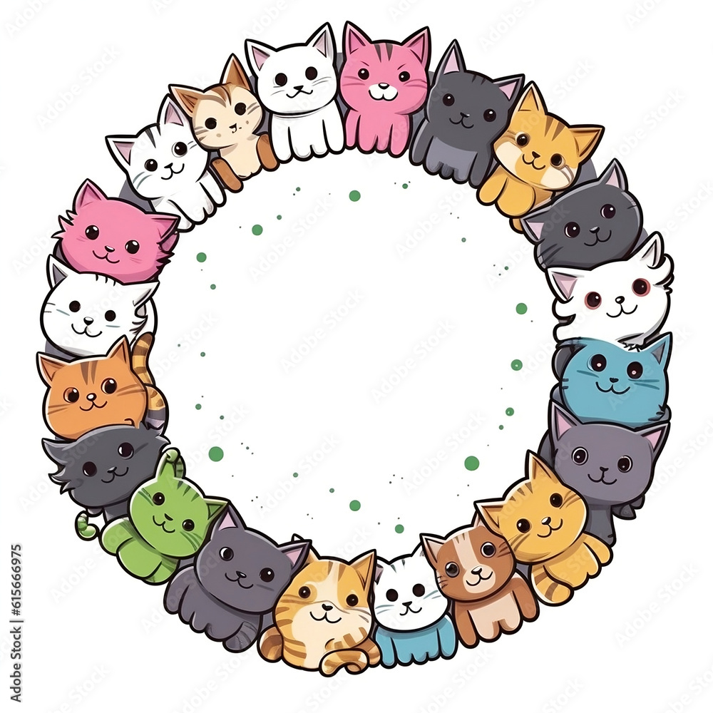 Cartoon cute face cats vector, Doodle circle frame, anime style Stock ...