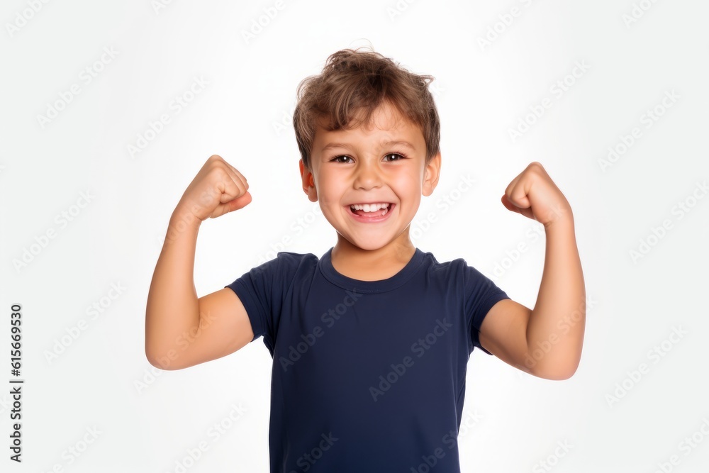 Portrait of a happy little boy showing his muscles isolated on a white ...