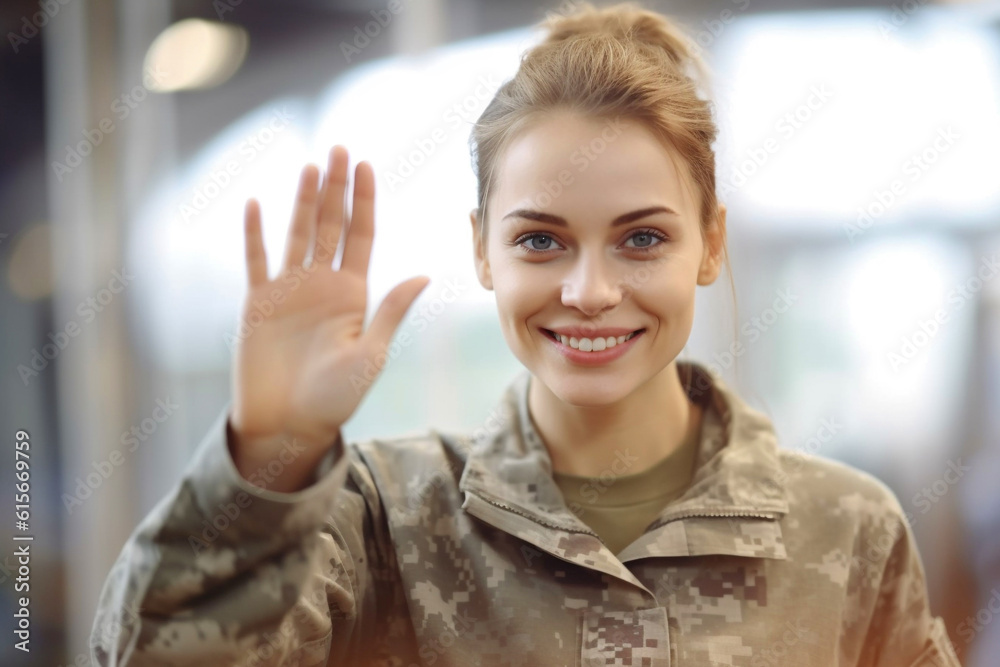 Happy servicewoman waving her hand on her homecoming, courageous female ...