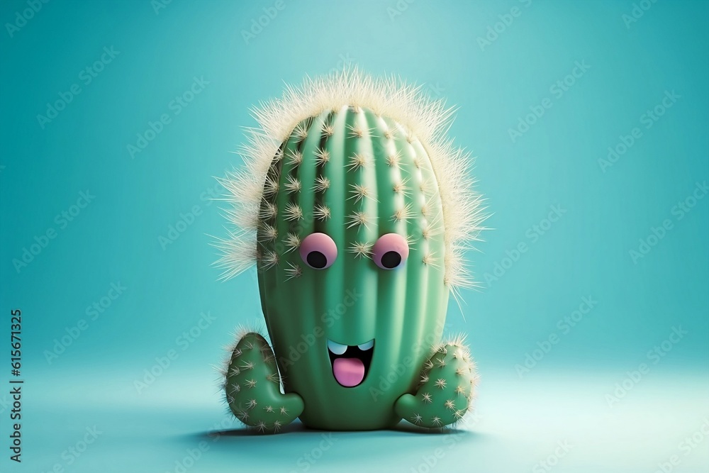 3D illustration of an happy cactus cartoon character with eyes, teeth ...