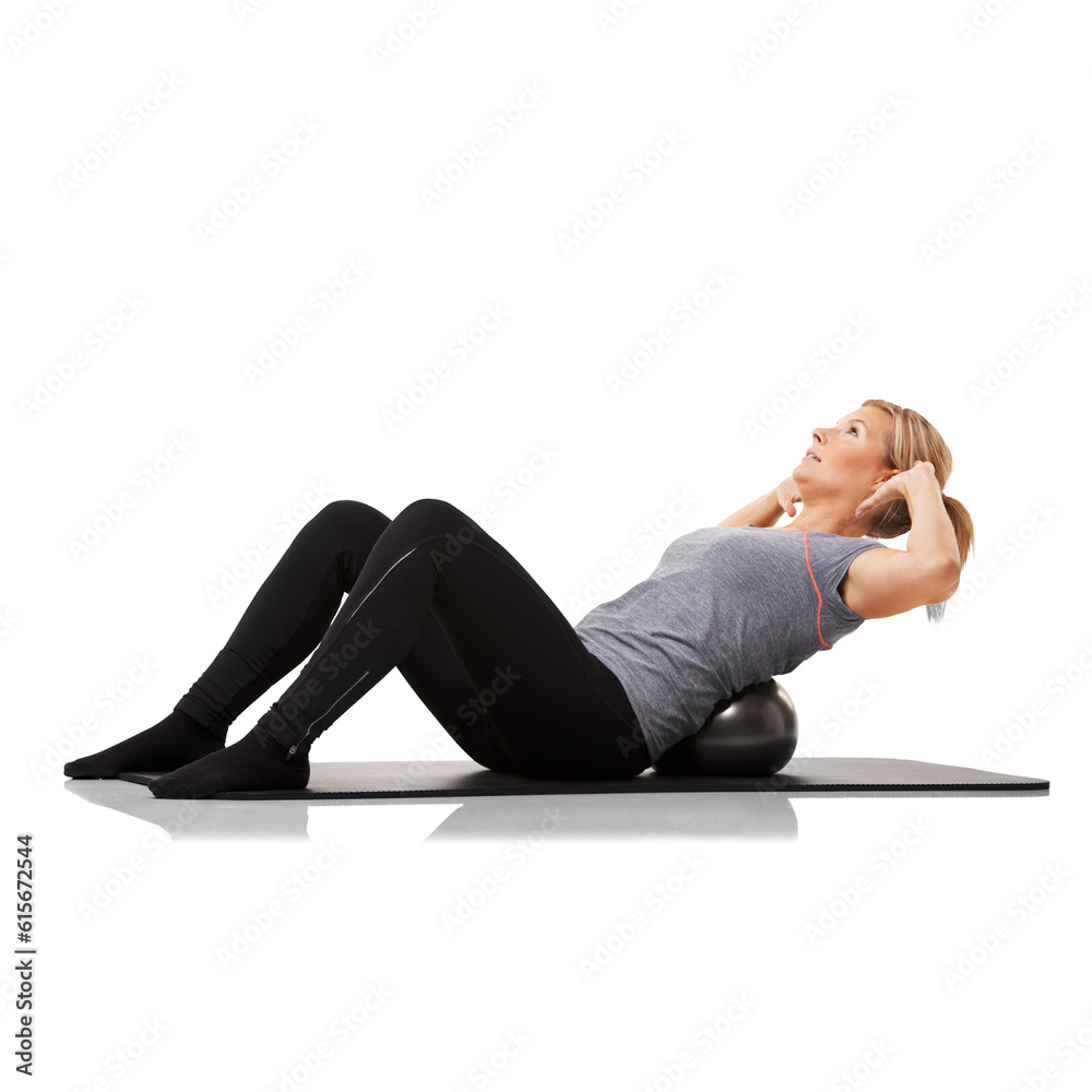 Exercise, sit up and woman with medicine ball on a floor against ...